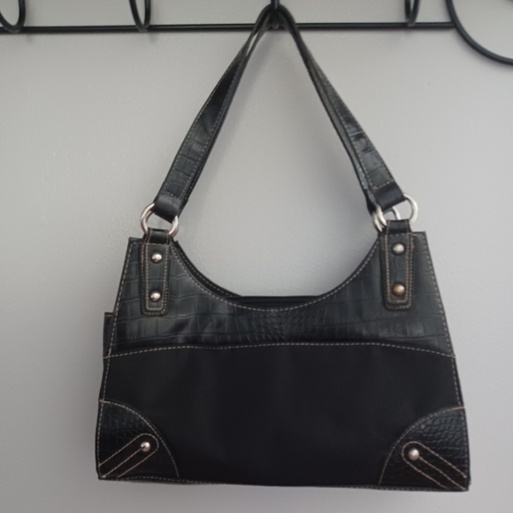 Bags | Black Croc Embossed Nylon Shoulder Bag | Poshmark